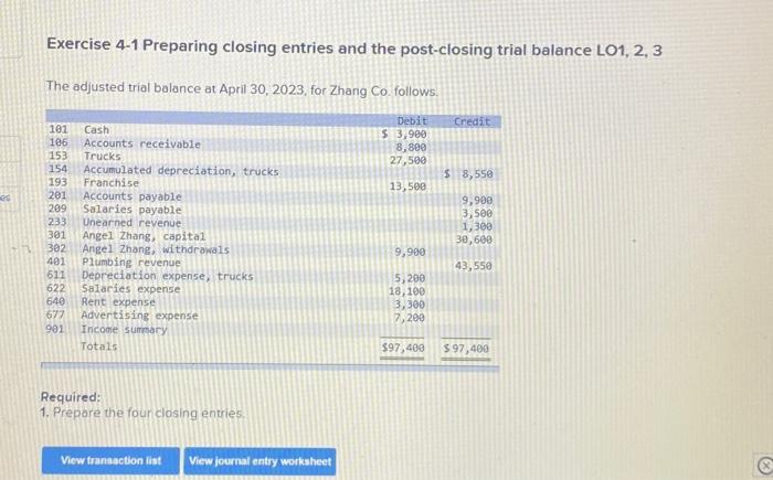 Solved Exercise 4-1 Preparing closing entries and the | Chegg.com
