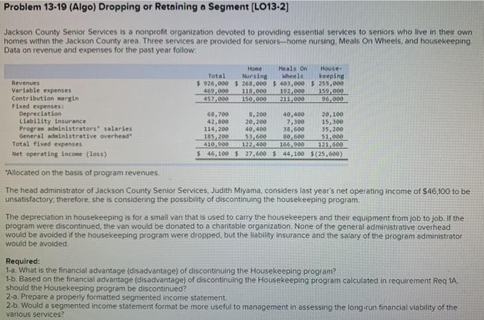 Solved Problem 13-19 (Algo) Dropping or Retaining a Segment | Chegg.com