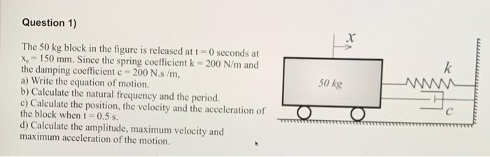 Solved х k Question 1) The 50 kg block in the figure is | Chegg.com