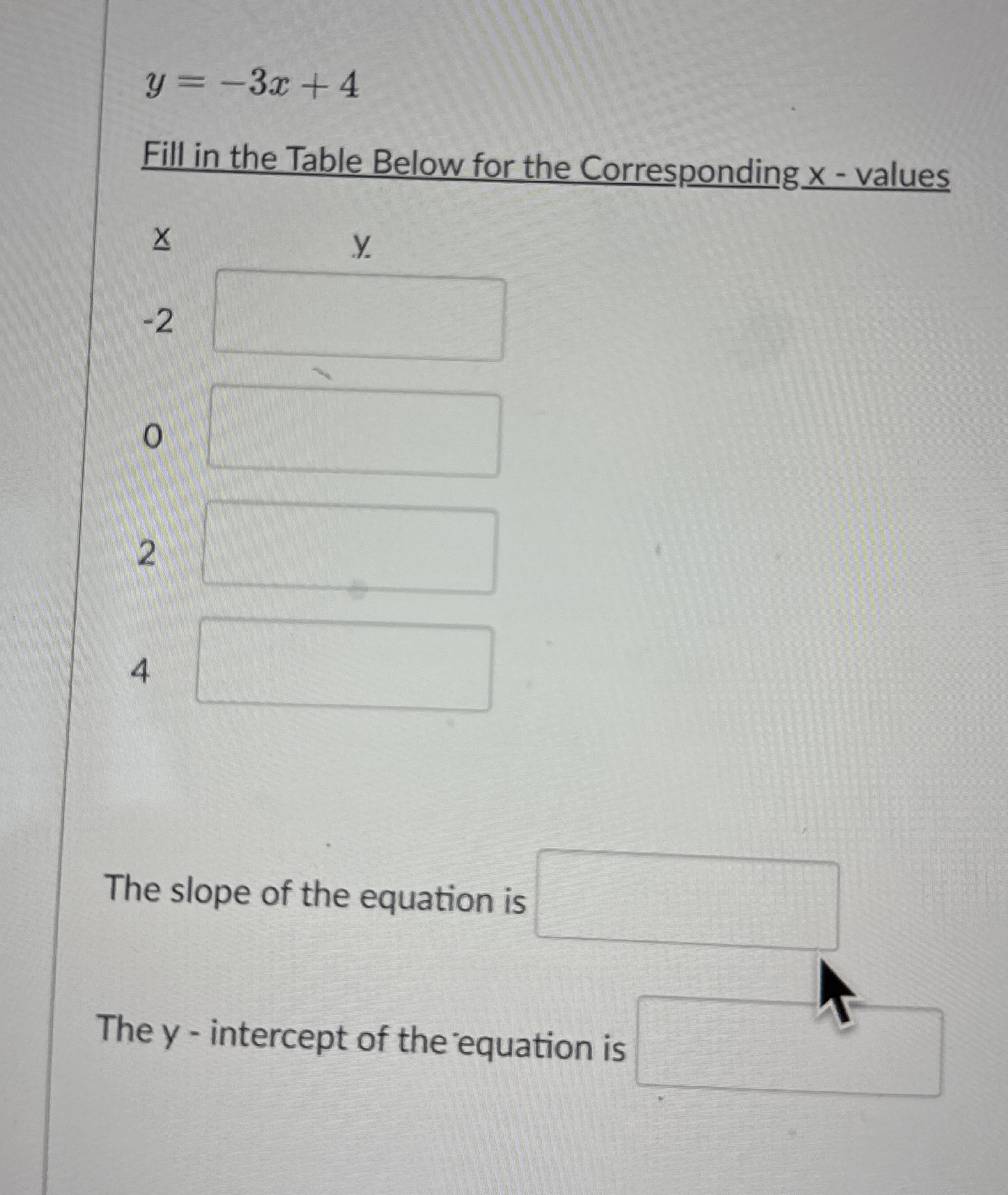 Solved y=-3x+4Fill in the Table Below for the Corresponding | Chegg.com