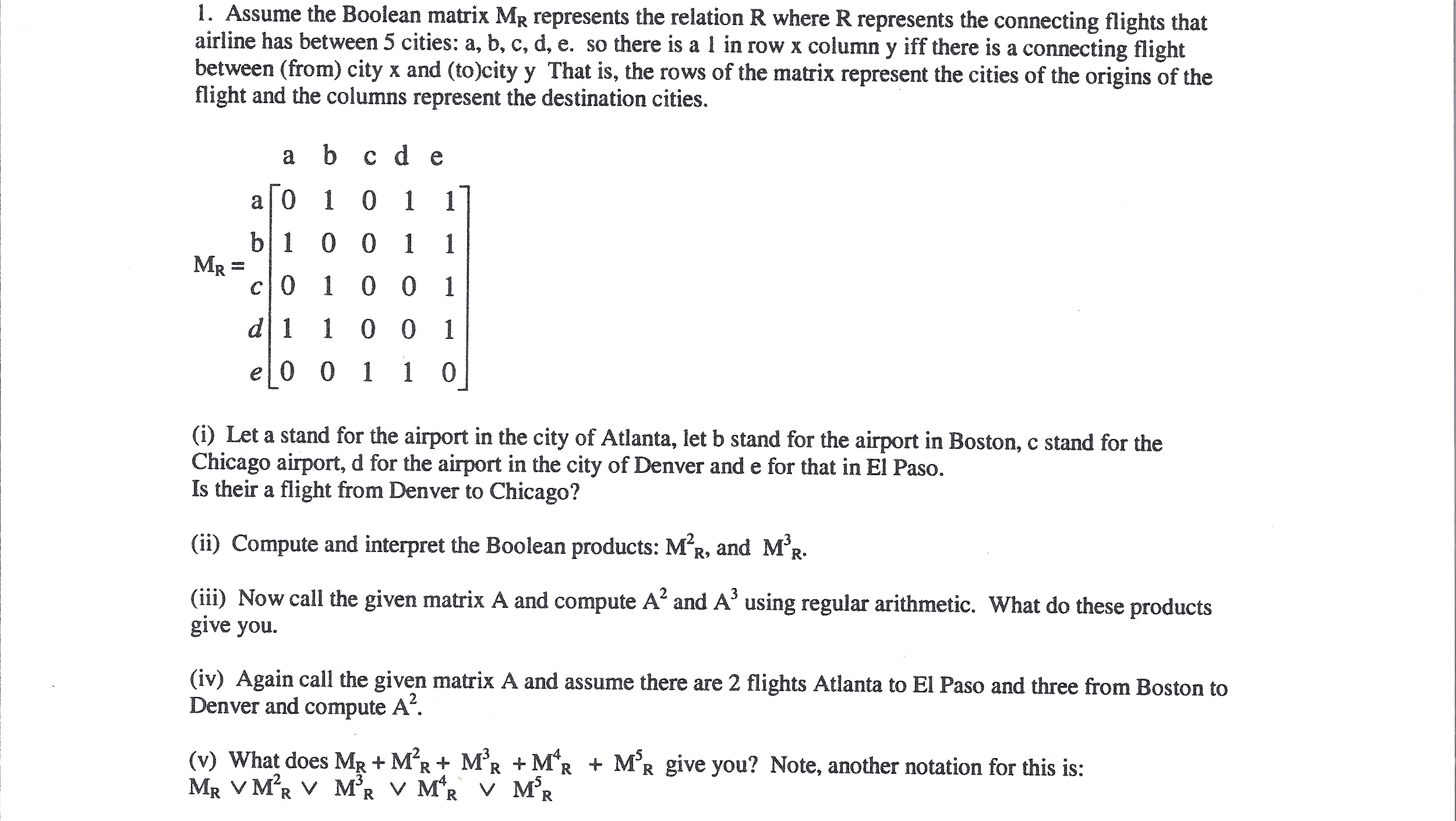 Assume the Boolean matrix MR represents the relation | Chegg.com