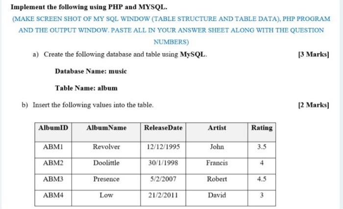 Solved Implement the following using PHP and MYSQL. (MAKE | Chegg.com