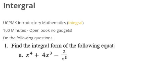 Solved IntergralUCPMK Introductory Mathematics (Integral)100 | Chegg.com
