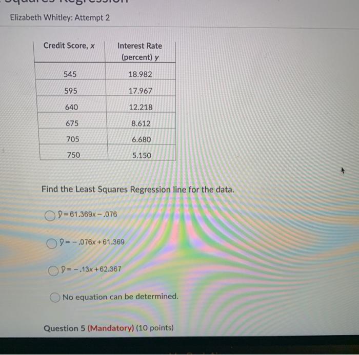 Solved ast Squares Regression 0 Elizabeth Whitley: Attempt 2 | Chegg.com