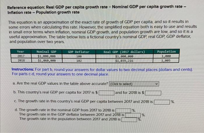 Solved Reference equation: Real GDP per capita growth rate = | Chegg.com