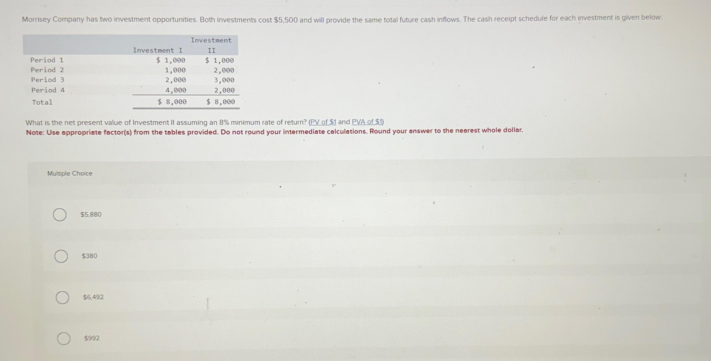 Solved \table[[,,Investment],[,Investment I,II],[Period | Chegg.com