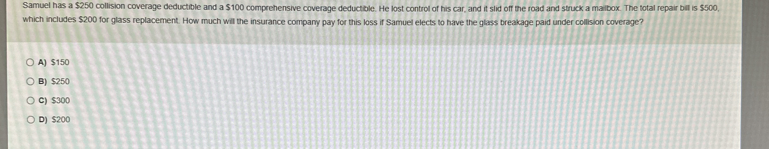 Solved Samuel has a $250 ﻿collision coverage deductible and | Chegg.com