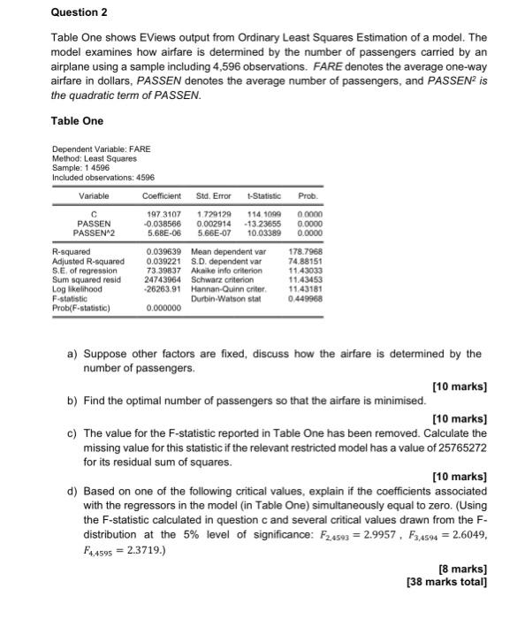Question 2 Table One shows EViews output from | Chegg.com