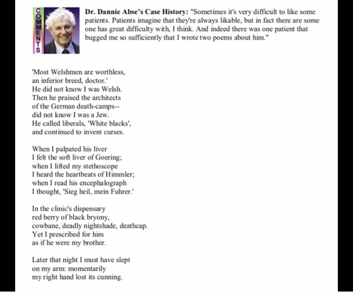 Solved In Dannie Abse's poem about the difficult patient, he | Chegg.com