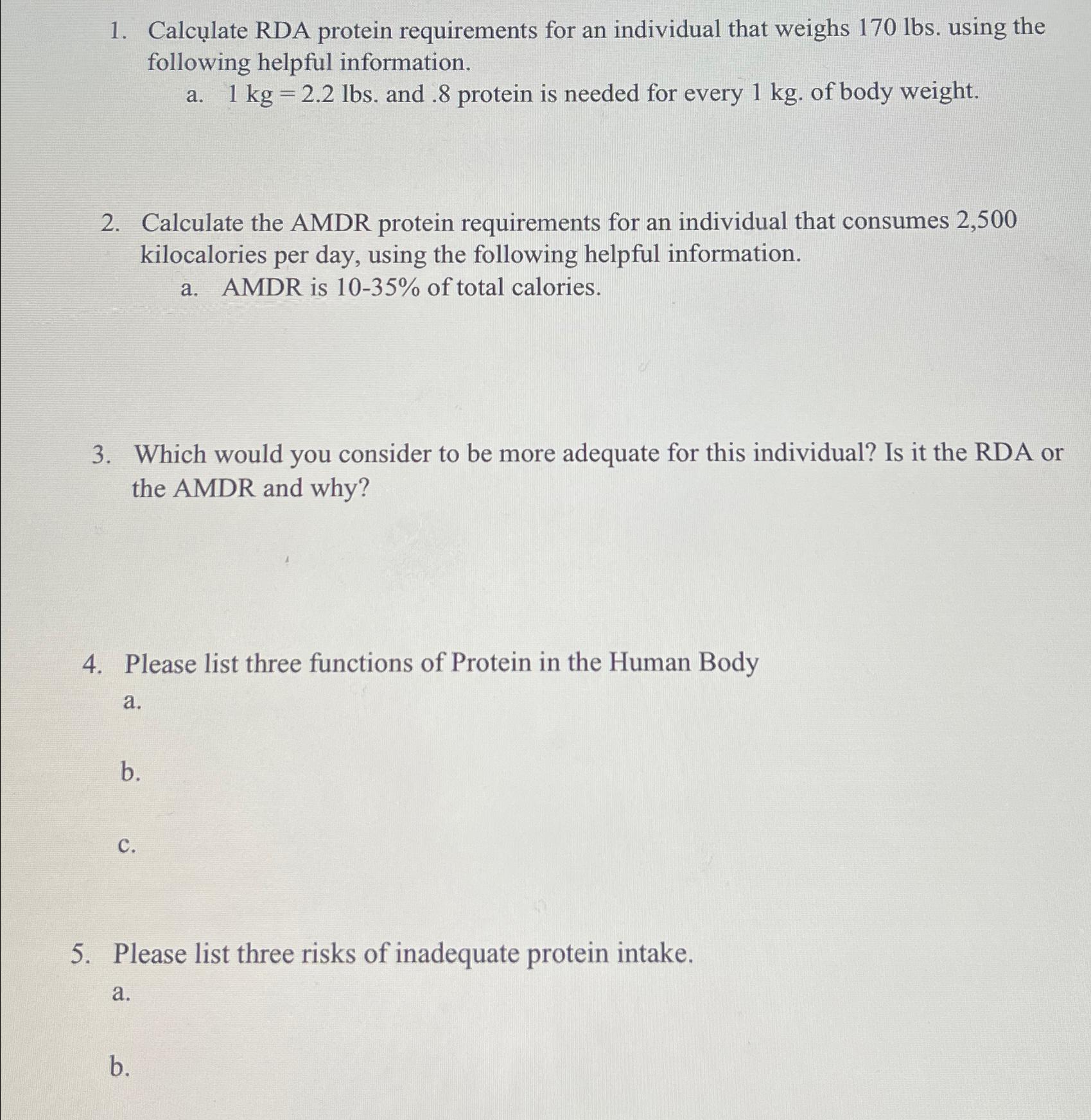 Solved Calculate RDA protein requirements for an individual | Chegg.com