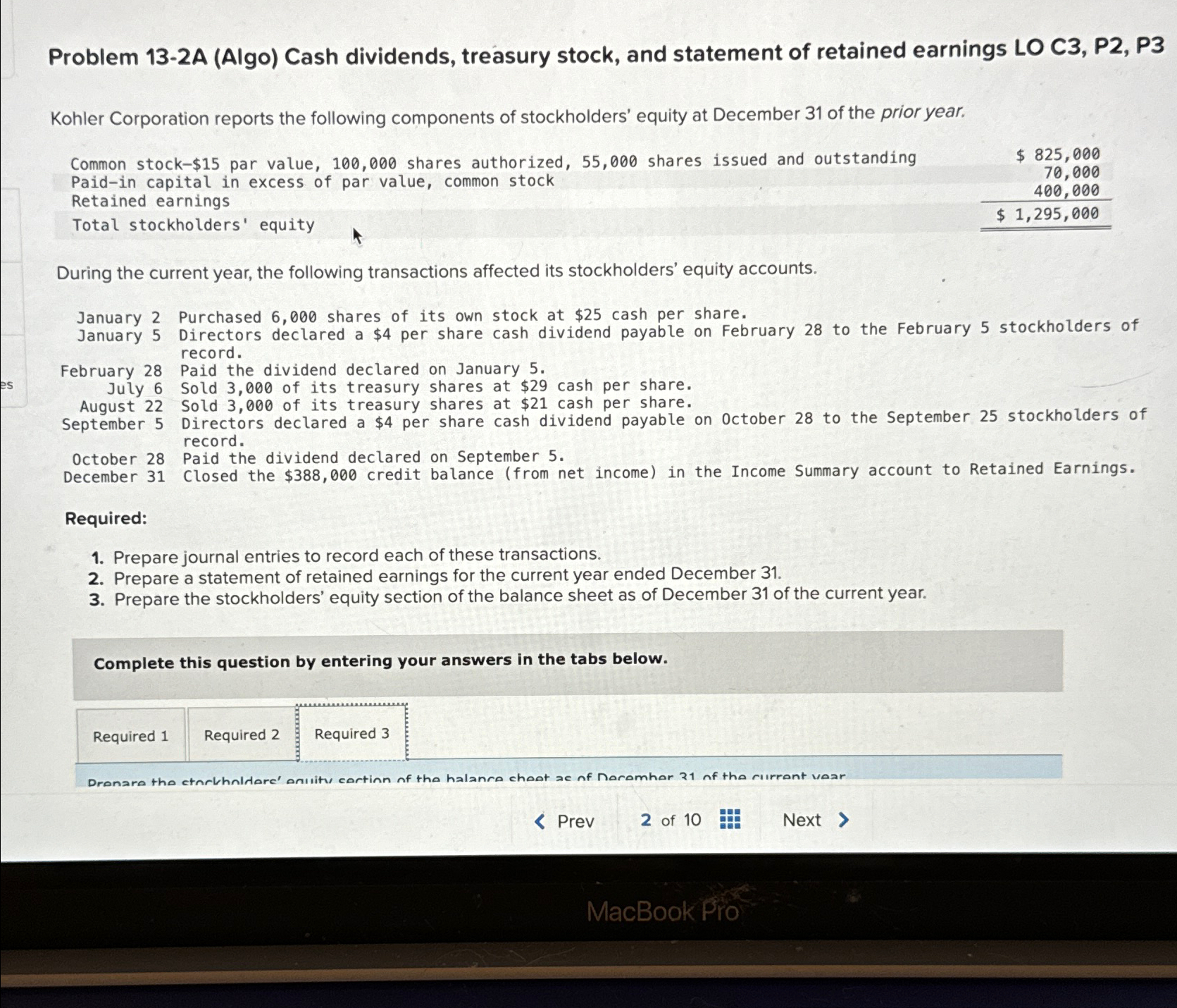 Solved Problem 13-2A (Algo) ﻿Cash dividends, treasury stock, | Chegg.com