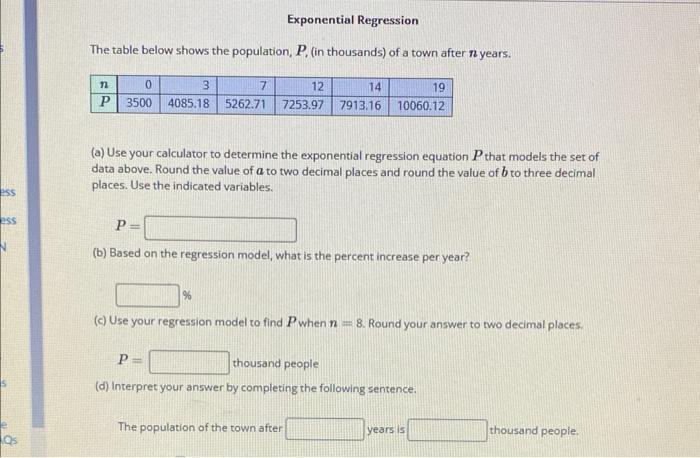 Solved Exponential Regression The table below shows the | Chegg.com