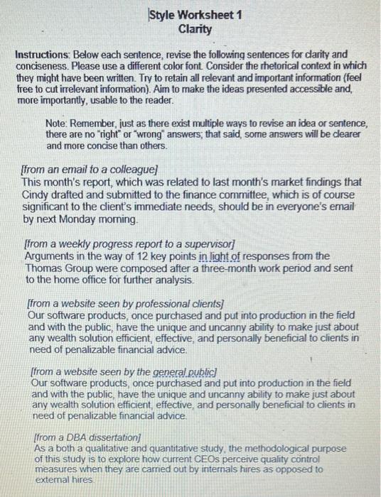 Style Worksheet 1 Clarity Instructions: Below each | Chegg.com