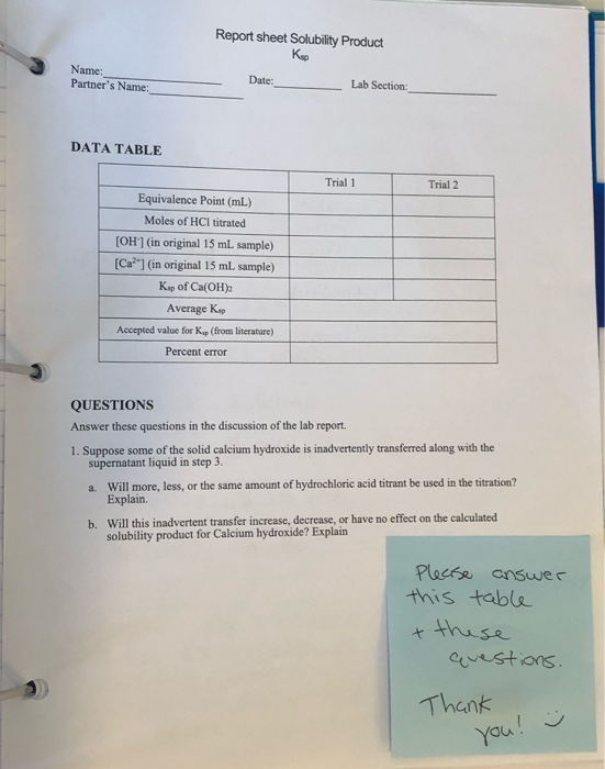 Solved Chem 182 Determining the Ksp of Calcium Hydroxide | Chegg.com