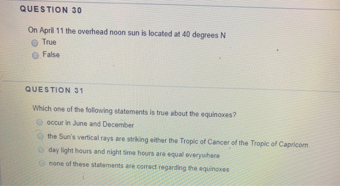 Solved QUESTION 30 On April 11 the overhead noon sun is | Chegg.com