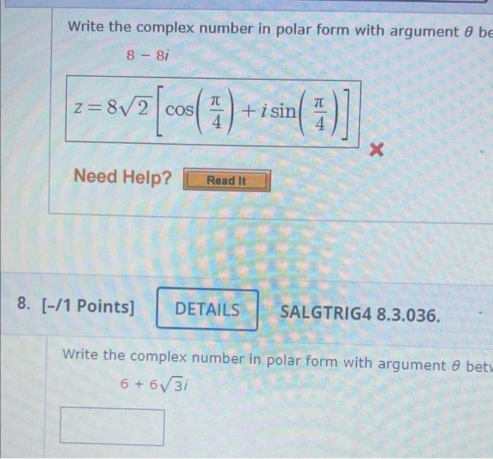 Solved Write the complex number in polar form with argument | Chegg.com