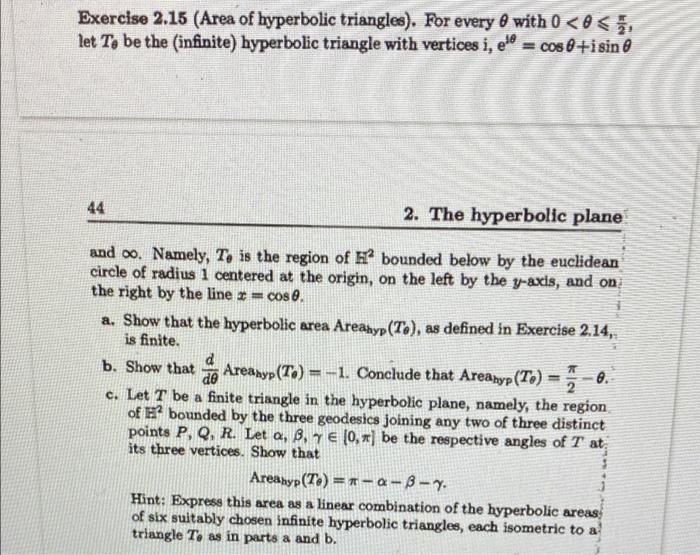 Solved Exercise 2.15 (Area of hyperbolic triangles). For | Chegg.com