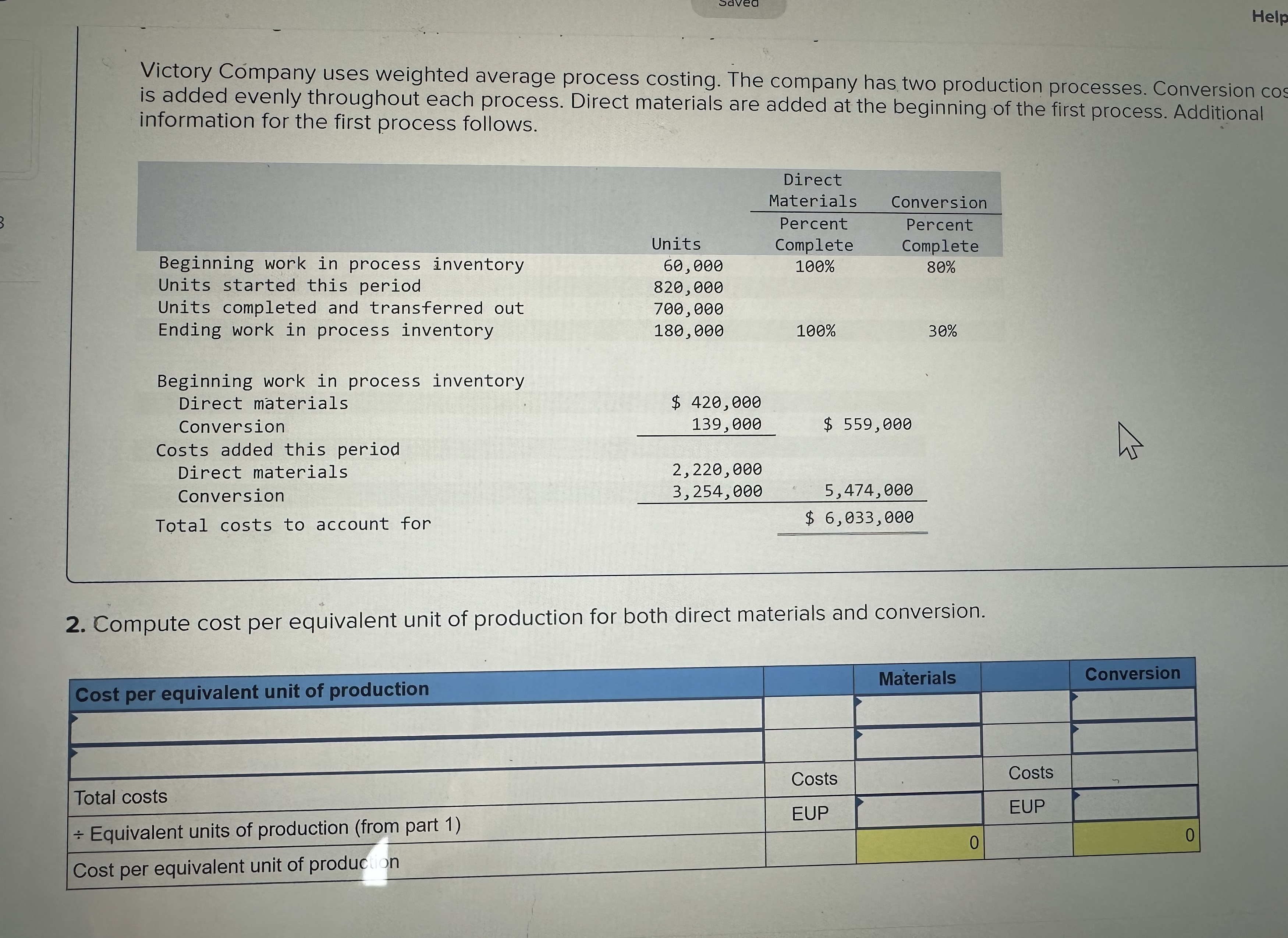 Solved Victory Cómpany uses weighted average process | Chegg.com