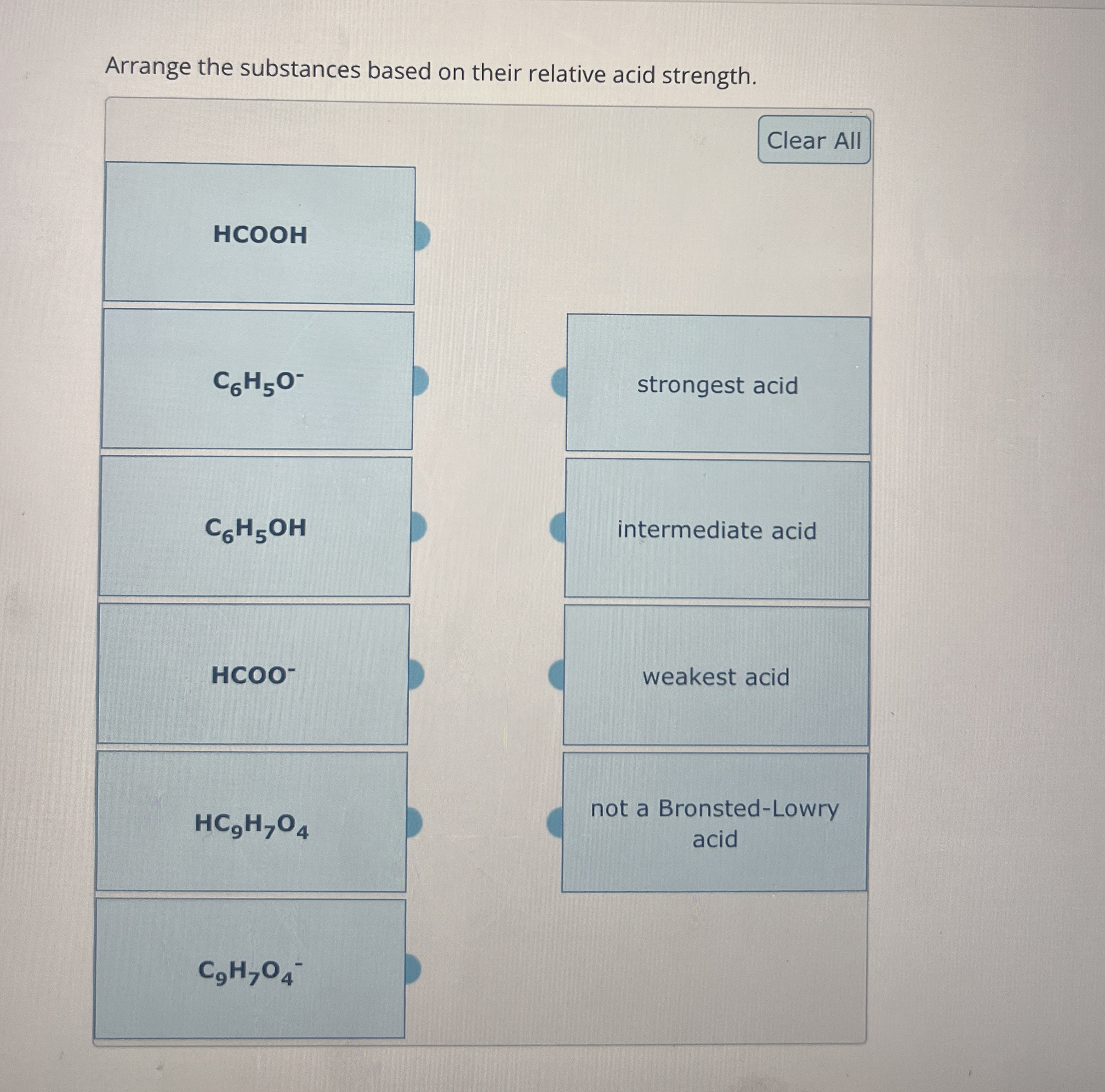 Solved Arrange the substances based on their relative acid | Chegg.com