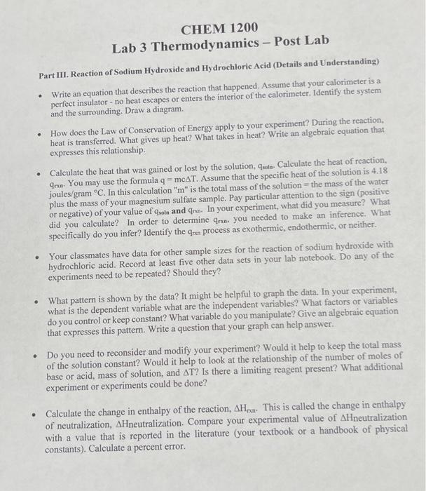 Solved Lab 3 Thermodynamics - Post Lab Part III. Reaction of | Chegg.com
