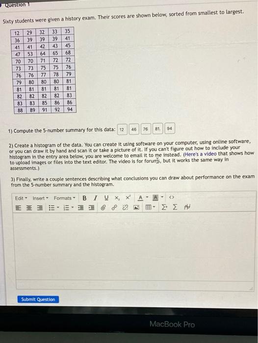 Solved Question Sixty students were given a history exam. | Chegg.com