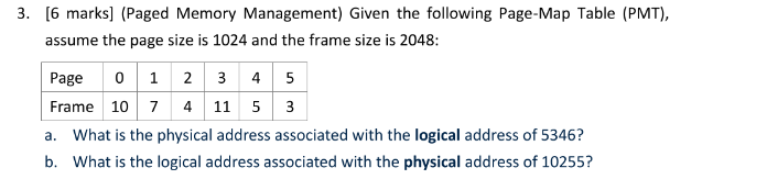 Solved Q.3 [6 ﻿marks] (Paged Memory Management) ﻿Given the | Chegg.com