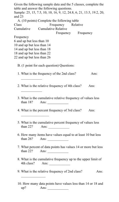 Solved Given the following sample data and the 5 classes, | Chegg.com