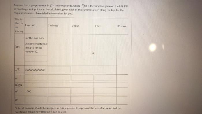 Assume that a program runs in f(n) microseconds, | Chegg.com