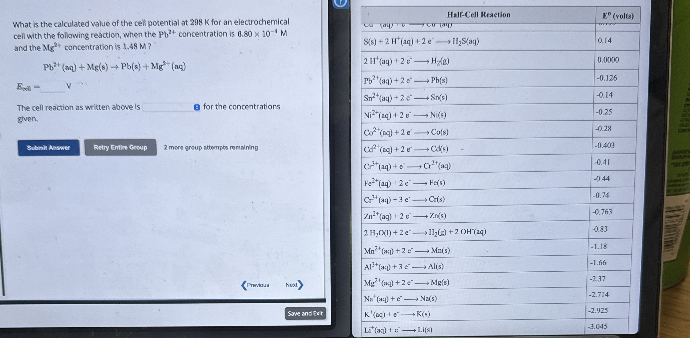 Solved What is the calculated value of the cell potential at | Chegg.com