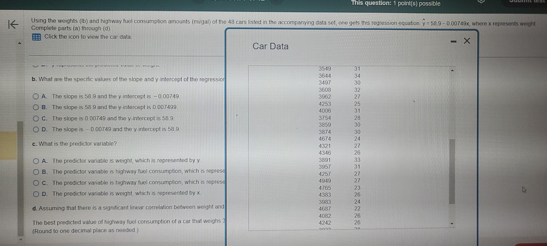 Solved Using the weights (Ib) and highway fuel consumption | Chegg.com