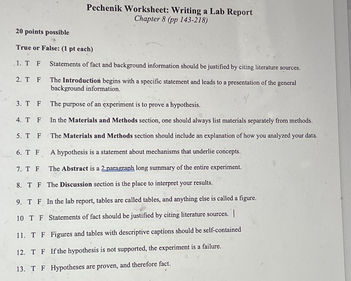 Solved Pechenik Worksheet: Writing a Lab Report Chapter | Chegg.com