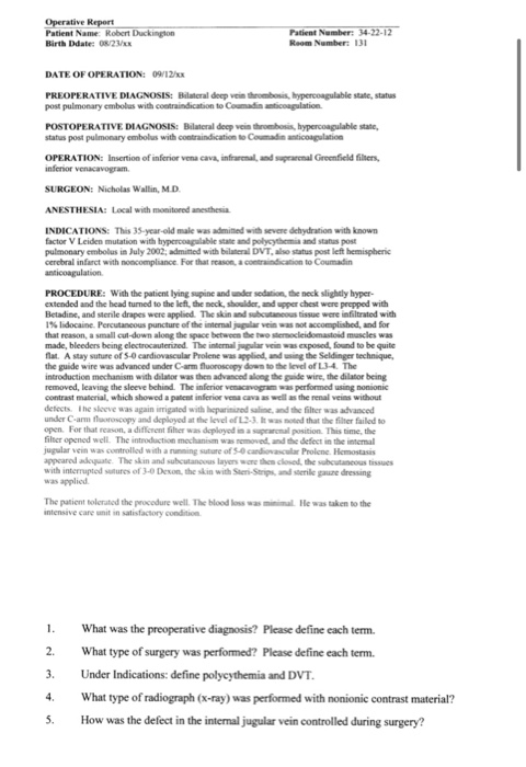 Solved Operative Report Patient Name Robert Duckington Birth | Chegg.com