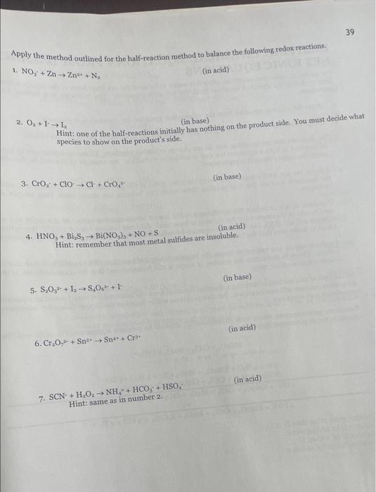 Solved Apply the method outlined for the half-reaction | Chegg.com