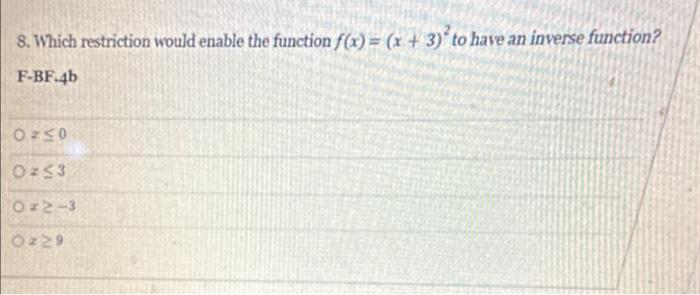 Solved 8. Which restriction would enable the function | Chegg.com
