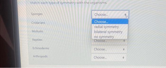 Solved Match each type of symmetry with the organisms. | Chegg.com
