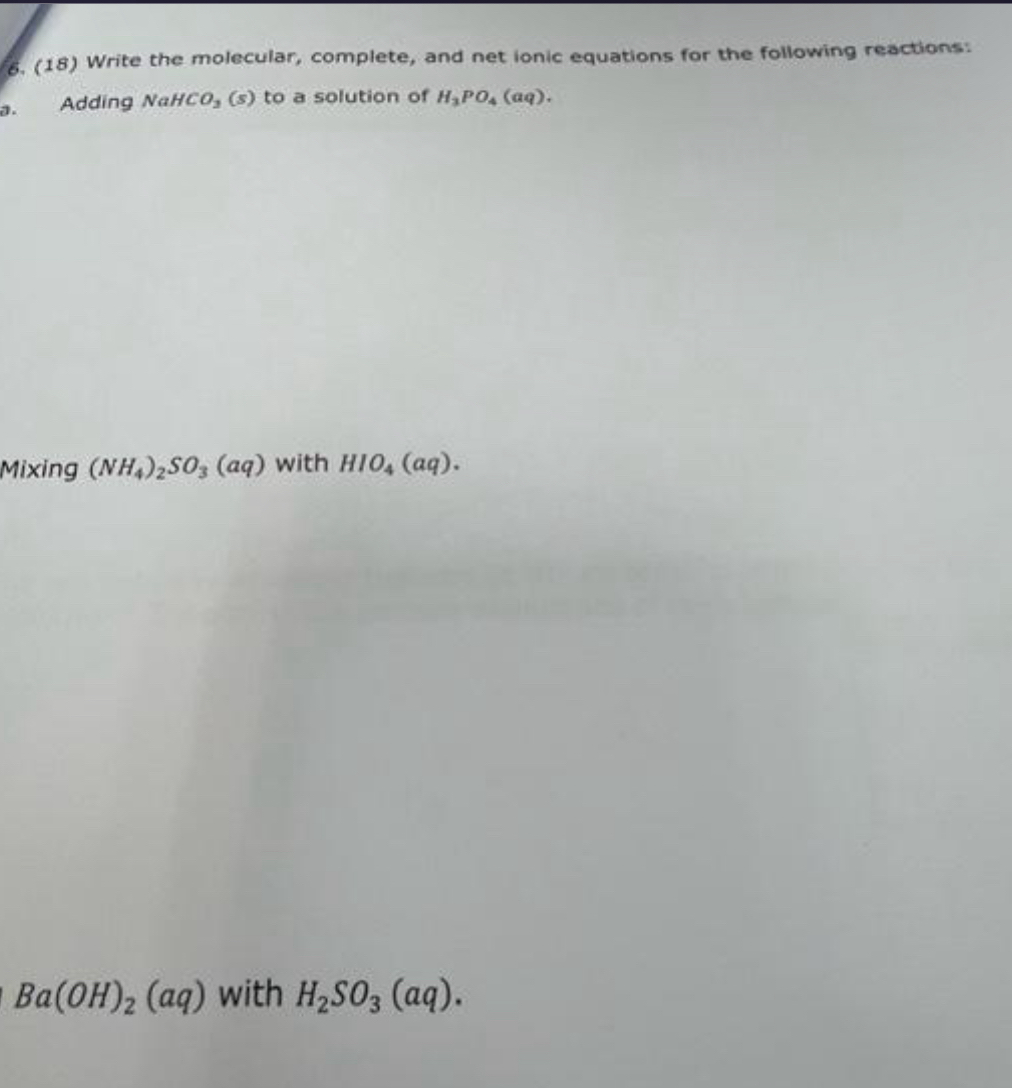 Solved (18) ﻿Write the molecular, complete, and net ionic | Chegg.com