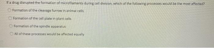 Solved If a drug disrupted the formation of microfilaments | Chegg.com