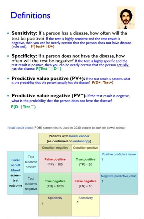Solved Definitions • Sensitivity: If a person has a disease, | Chegg.com