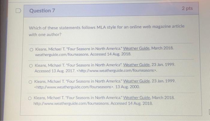 Which of these statements follows MLA style for an | Chegg.com