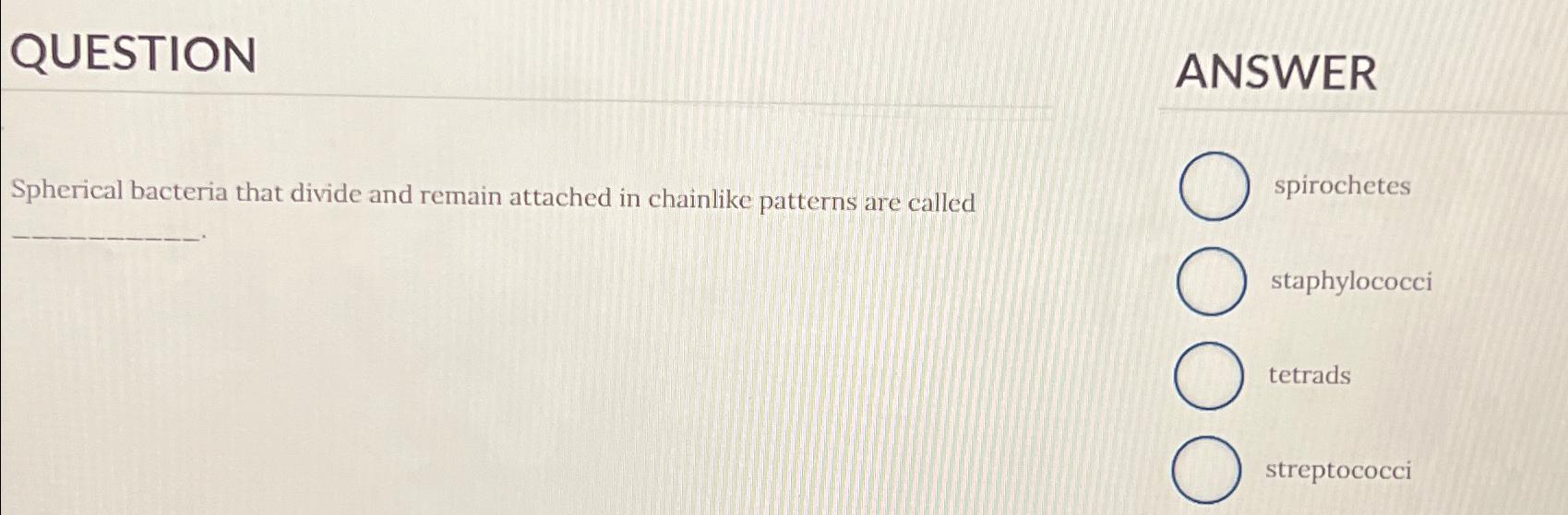 Solved QUESTIONANSWERSpherical bacteria that divide and | Chegg.com