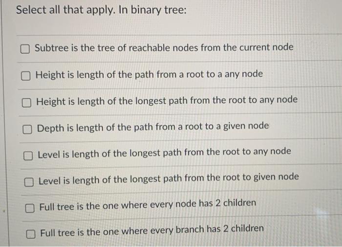 Solved Select all that apply. In binary tree: Subtree is the | Chegg.com