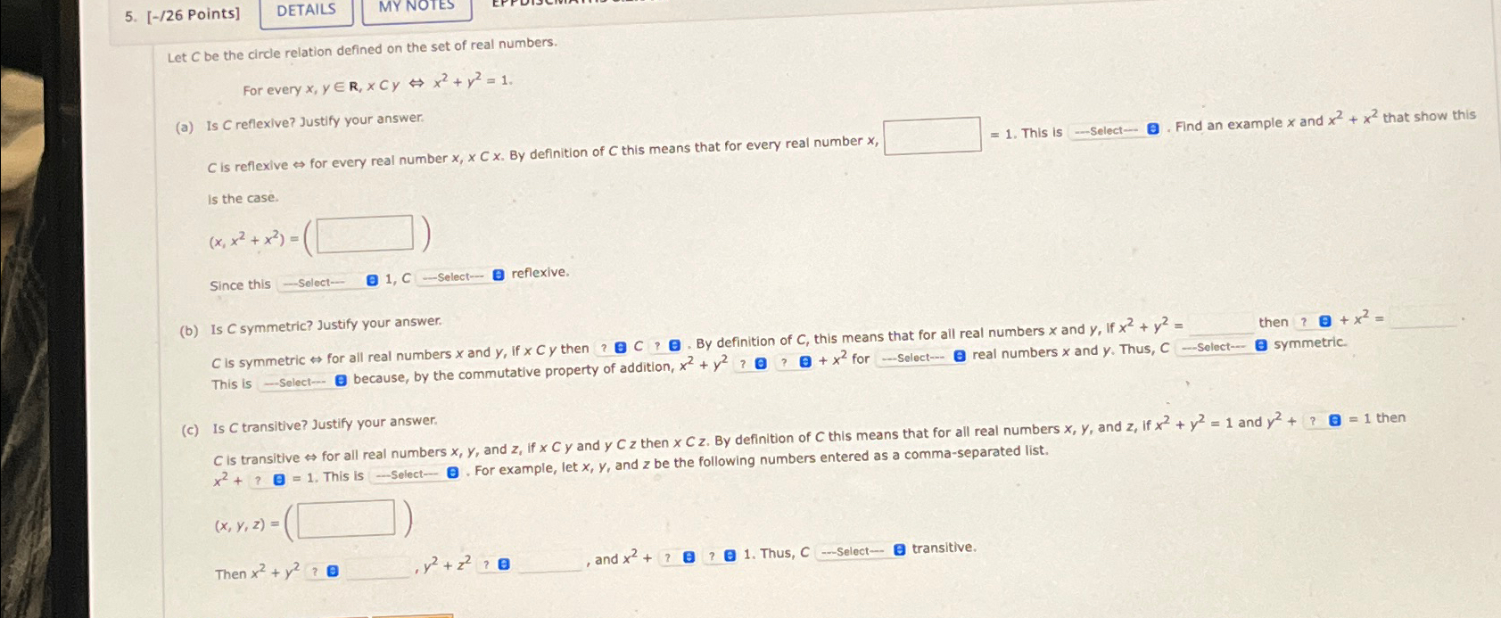Solved [-/26 ﻿Points]Let C ﻿be the circle relation defined | Chegg.com