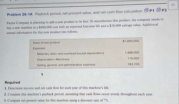 Solved Problem 26-1A Payback period, net present value, and | Chegg.com