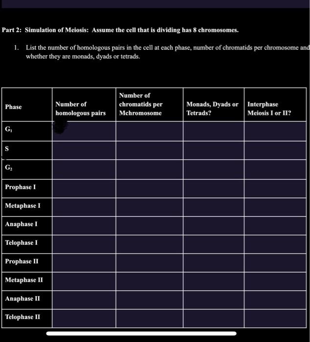 art 2: Simulation of Meiosis: Assume the cell that | Chegg.com