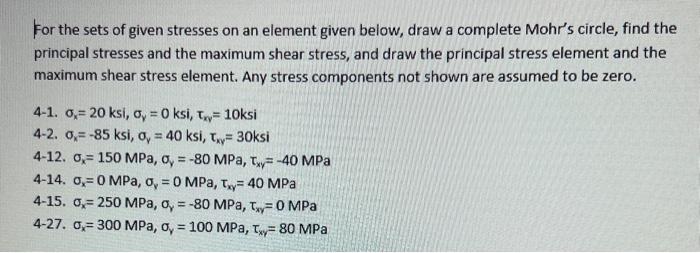 Solved For the sets of given stresses on an element given | Chegg.com