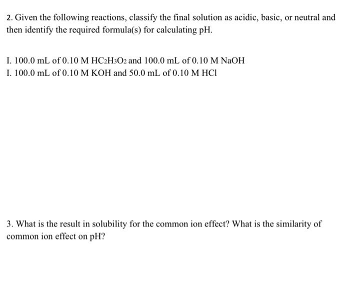 Solved 2. Given the following reactions, classify the final | Chegg.com