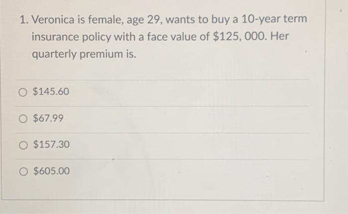 Solved 1. Veronica is female, age 29 , wants to buy a 10 | Chegg.com