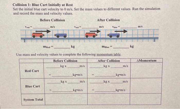 Solved Collision 1: Blue Cart Initially at Rest Set the | Chegg.com