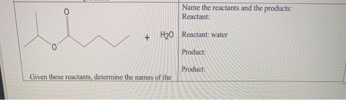 Solved Name the reactants and the products: Reactant: + H20 | Chegg.com