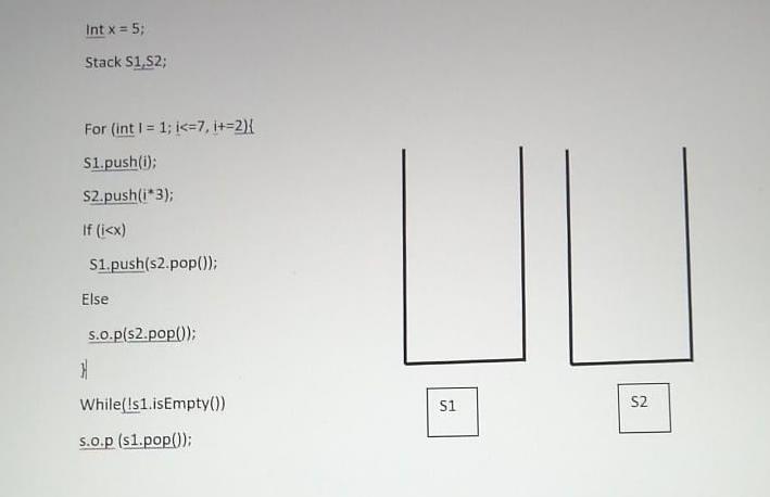 Solved Int x=5;Stack S1,S2;For (int | Chegg.com